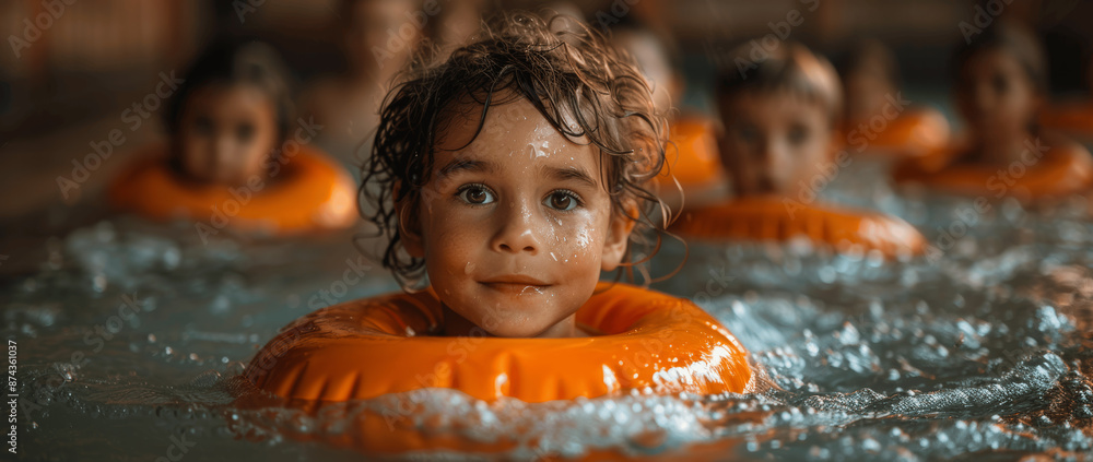 Happy kids learning to swim in an indoor pool with life jackets, summer ...