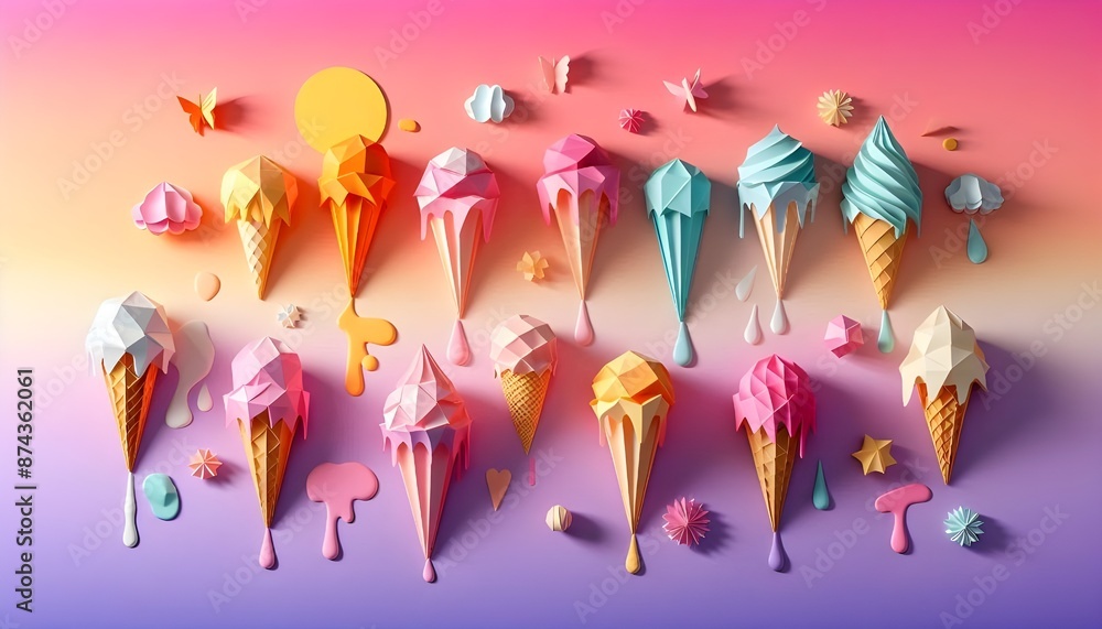 Colorful Origami Ice Cream Cones Melting on Summer Sunset Gradient: 3D Papercraft Style Stock ...