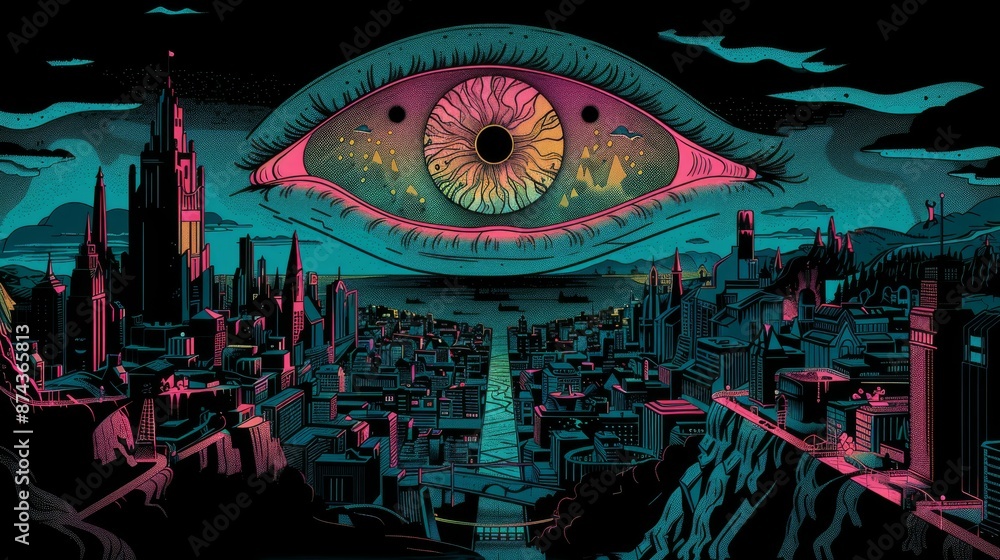 all seeing eye, psychedelic style vector illustration with fantasy ...