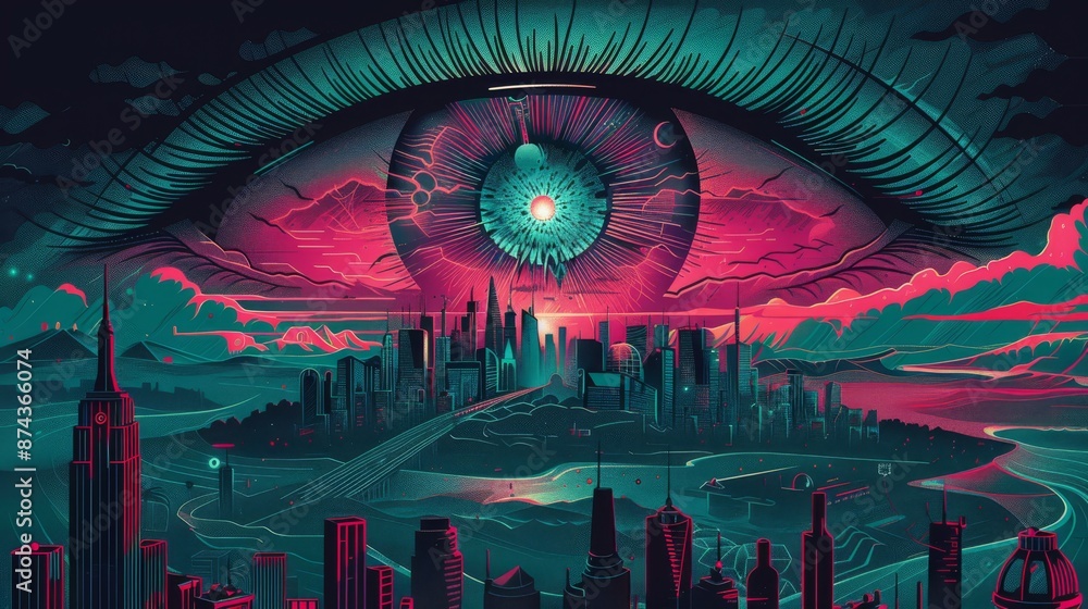 all seeing eye, psychedelic style vector illustration with fantasy ...