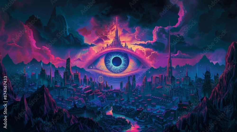 all seeing eye, psychedelic style vector illustration with fantasy ...