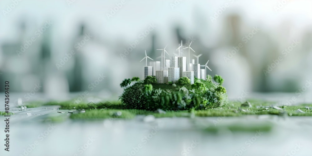 City logo with sustainable buildings wind turbines and solar panels in ...