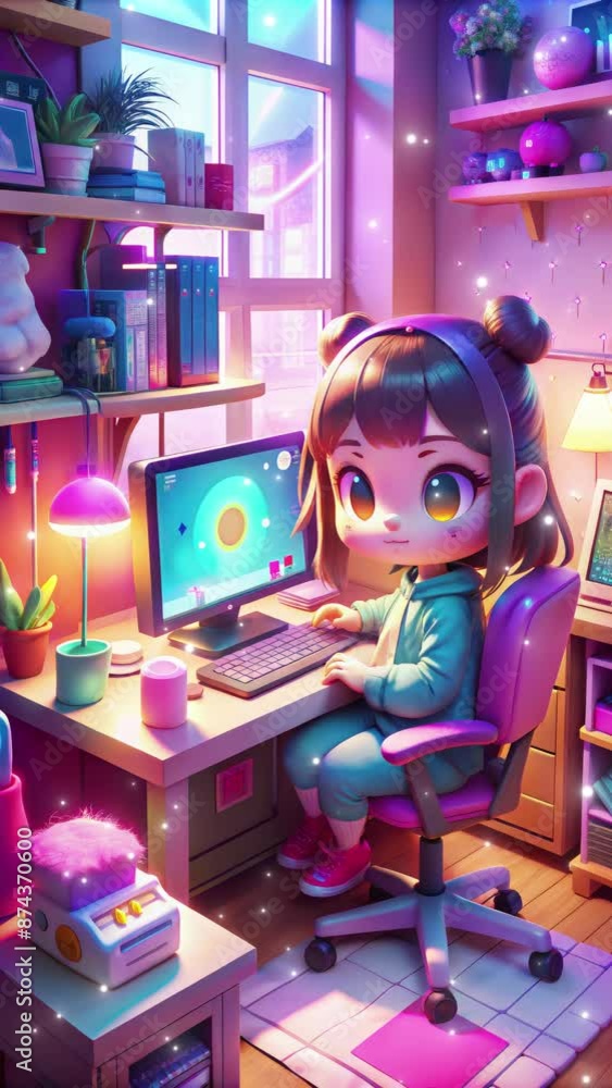 Anime girl working on computer. captivating scene captures energy and ...