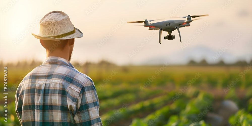 Farmer uses drone for crop monitoring in organic produce field blending ...