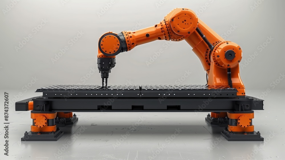 An orange industrial robotic arm with multiple axes of rotation mounted ...