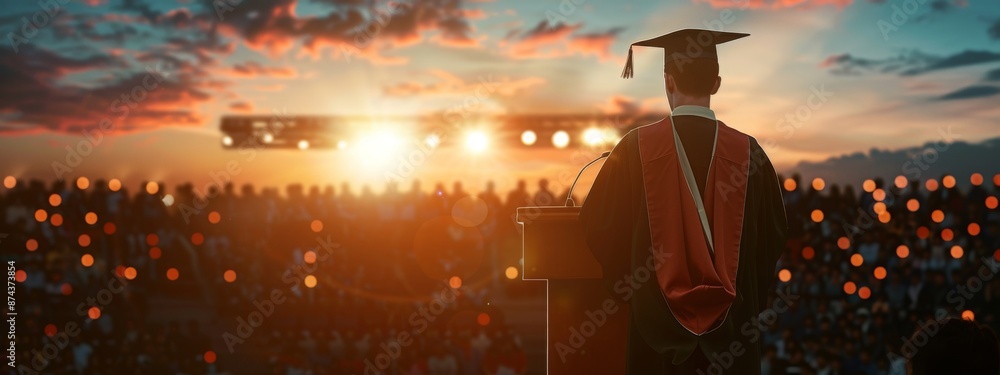 Graduation Speech on Stage with Crowd - Young Man in Cap and Gown ...