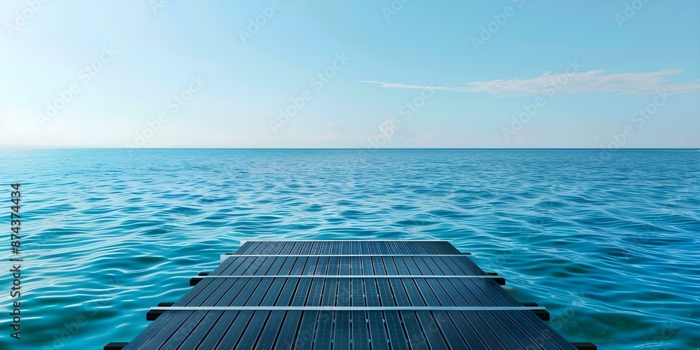 Solar panels float on water in reservoirs lakes seas and oceans. Concept Renewable Energy ...