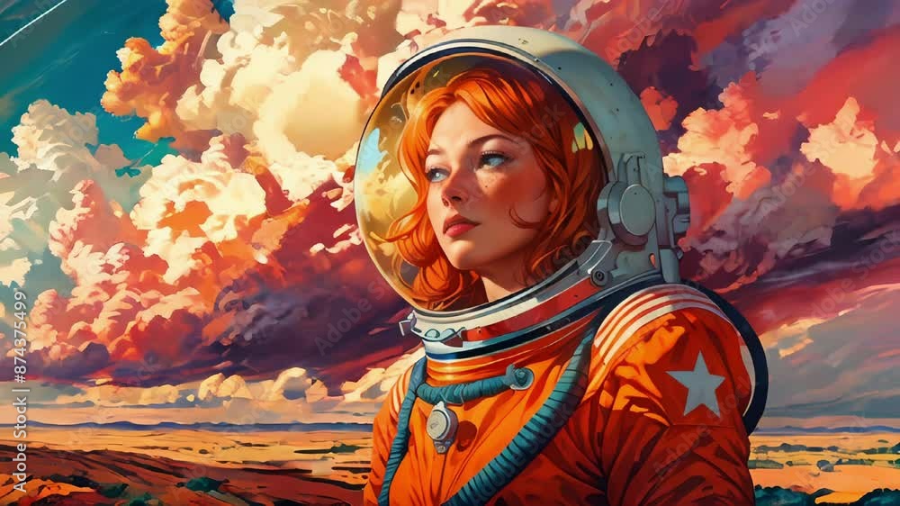 Illustrated animation of an astronaut with long red hair looks up at a ...