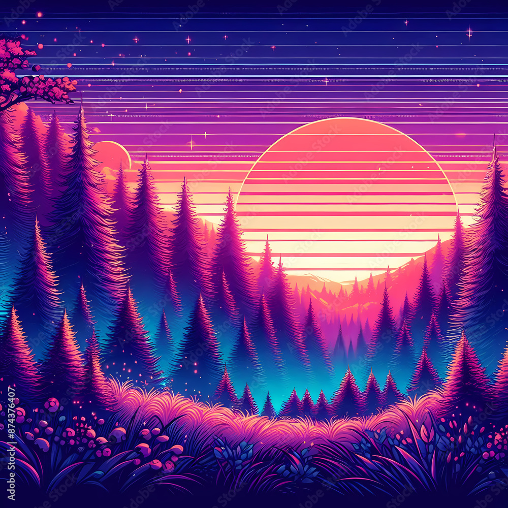 beautiful forest landscape sunset created synthwave style ai generated ...