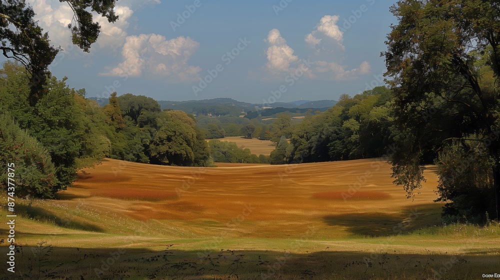 Expansive rural landscape with golden fields under a bright blue sky ...