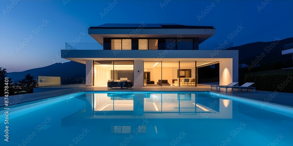 Nighttime photo of a modern house with solar panels and pool. Concept ...