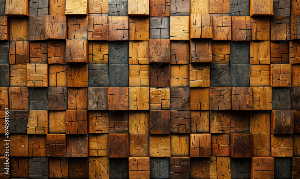 Rustic Wood Wall with 3D Natural Timber Blocks, Square Tile Design ...