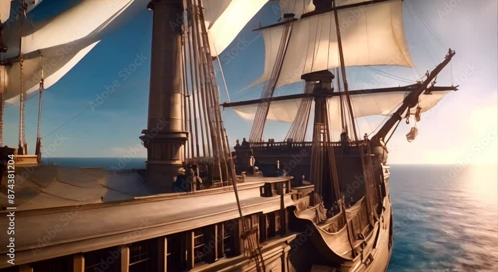 Two historic galleon ships sailing on the ocean viewed from a scenic ...
