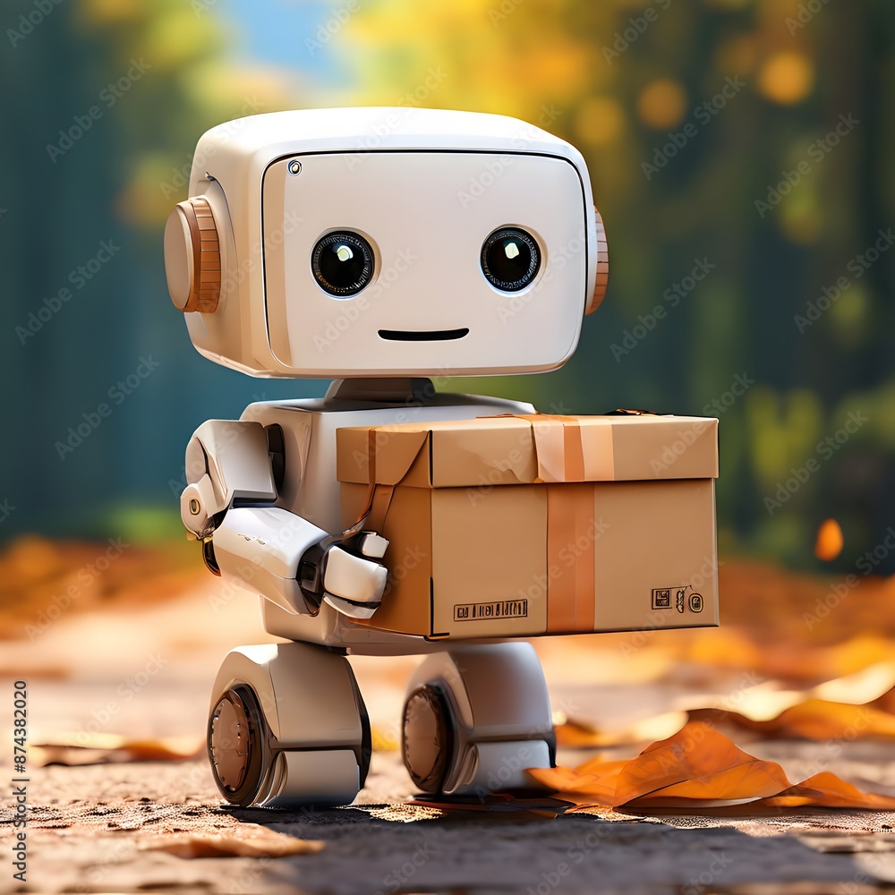 Cute mini robot with boxes, door delivery Stock Photo | Adobe Stock