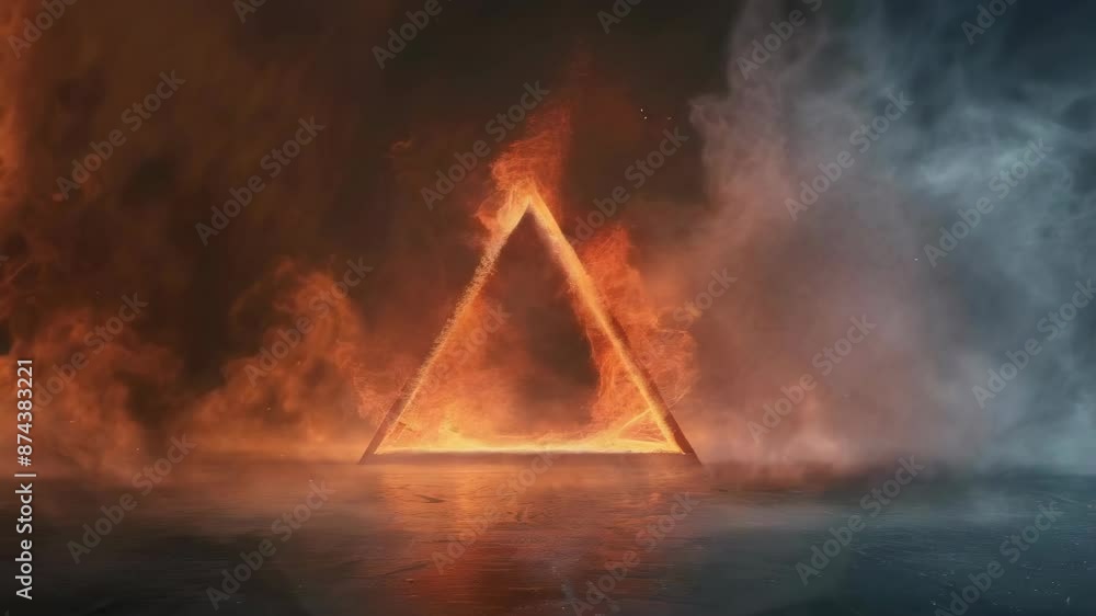 A brightly lit triangle on fire, surrounded by intense flames and smoke ...
