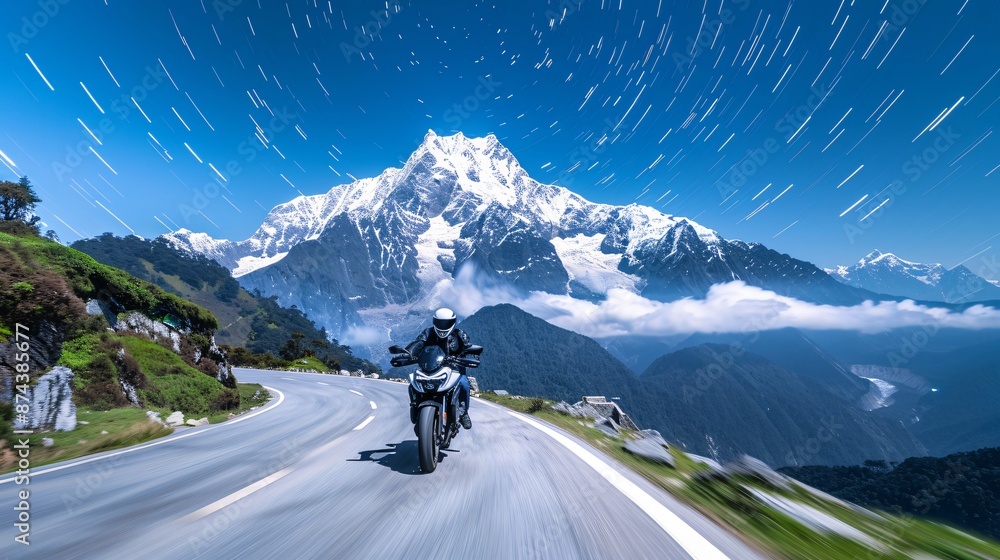 Long-exposure shot capturing light trails from the motorcycle's ...