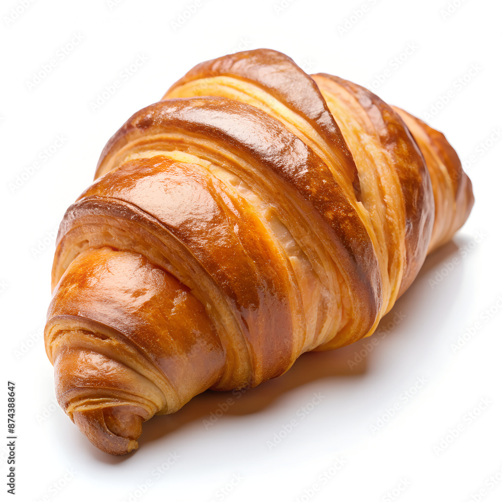 A single croissant with a golden brown, flaky texture is prominently ...