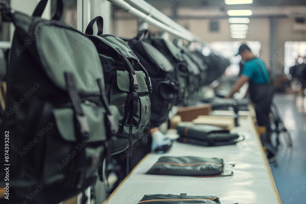 Backpack manufacturing process with many bags hanging in a workshop ...