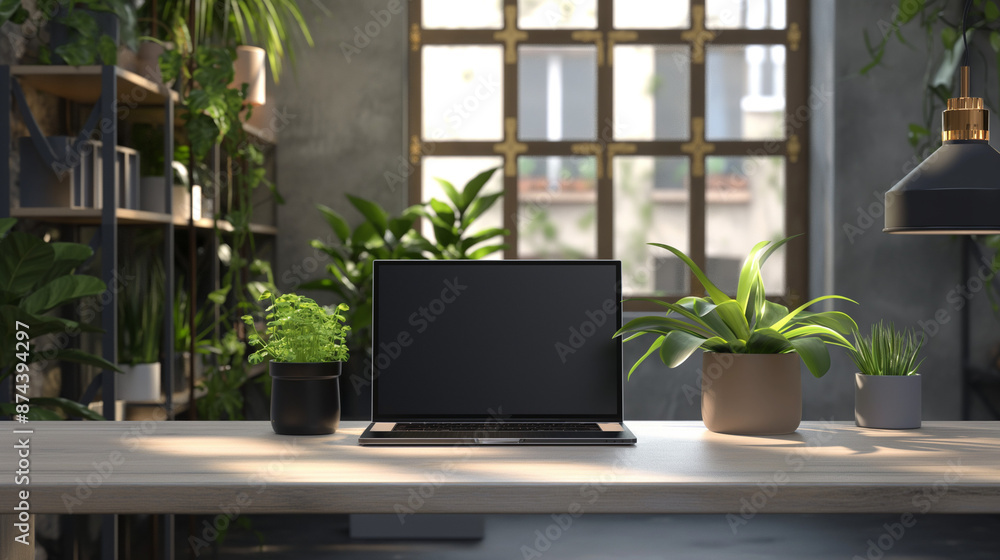 A modern home office with large windows, featuring an open laptop on ...