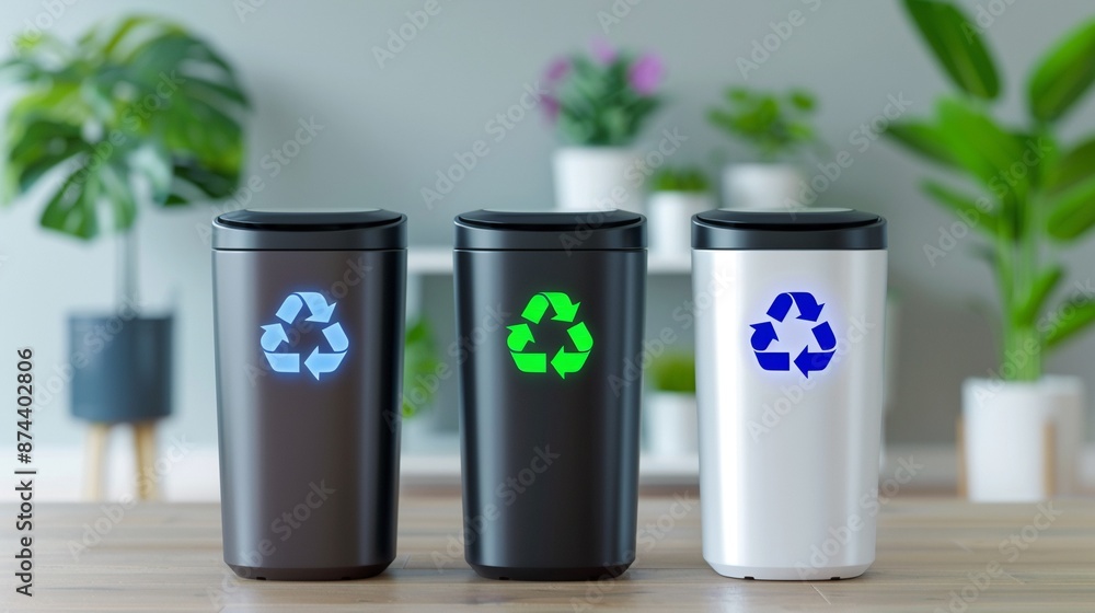 Smart recycling bins with digital sorting capabilities, Realistic ...