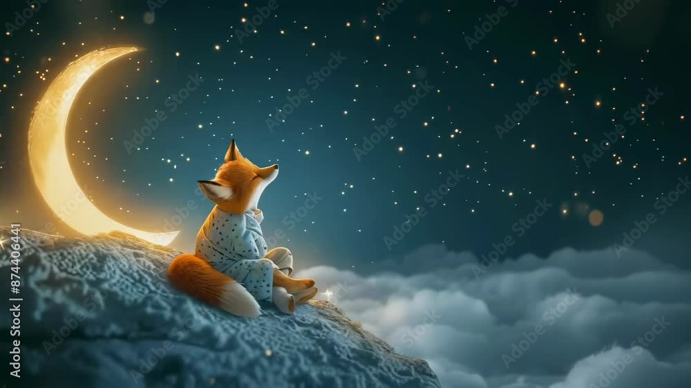A young fox in pajamas sits on a moonlit rock, gazing up at a starry ...