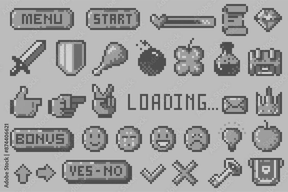 Pixel 8 bit black symbols. Emoticons, cursor, arrow, sound, text ...