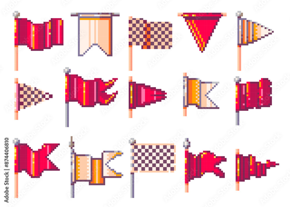 Pixel flags. Retro 8 bit checkered red triangle and rectangular flag ...
