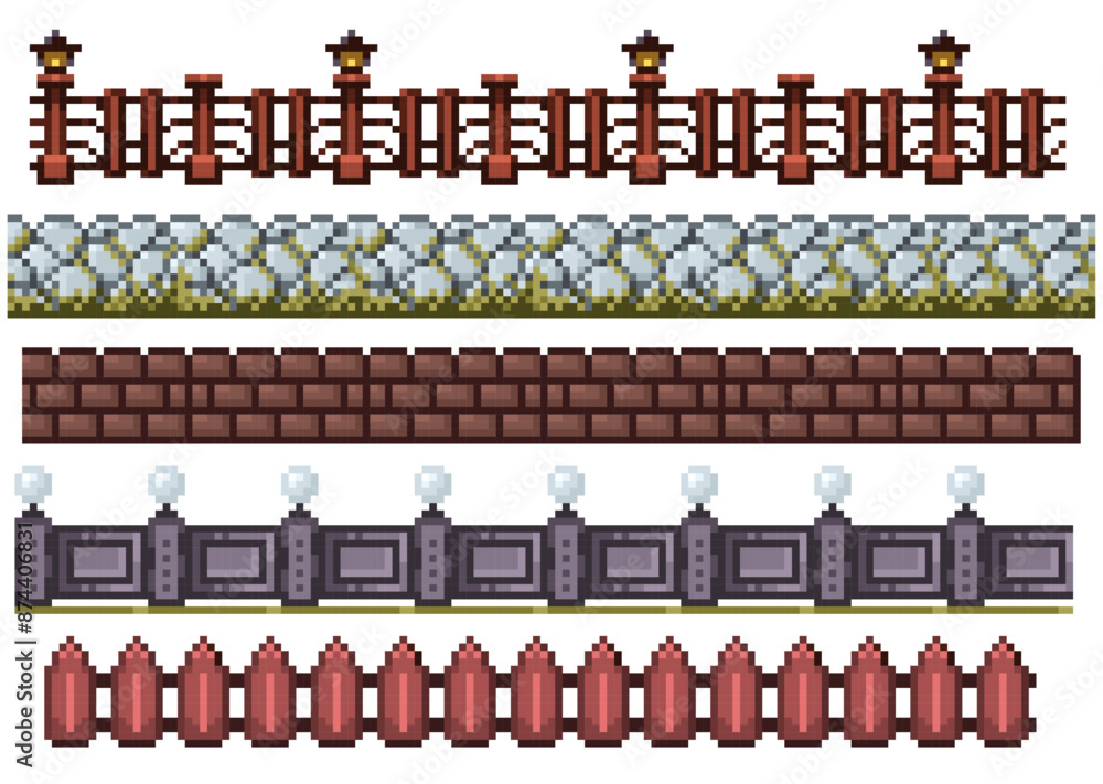 Pixel fences pattern. Seamless fence pattern 8 bit retro old school ...