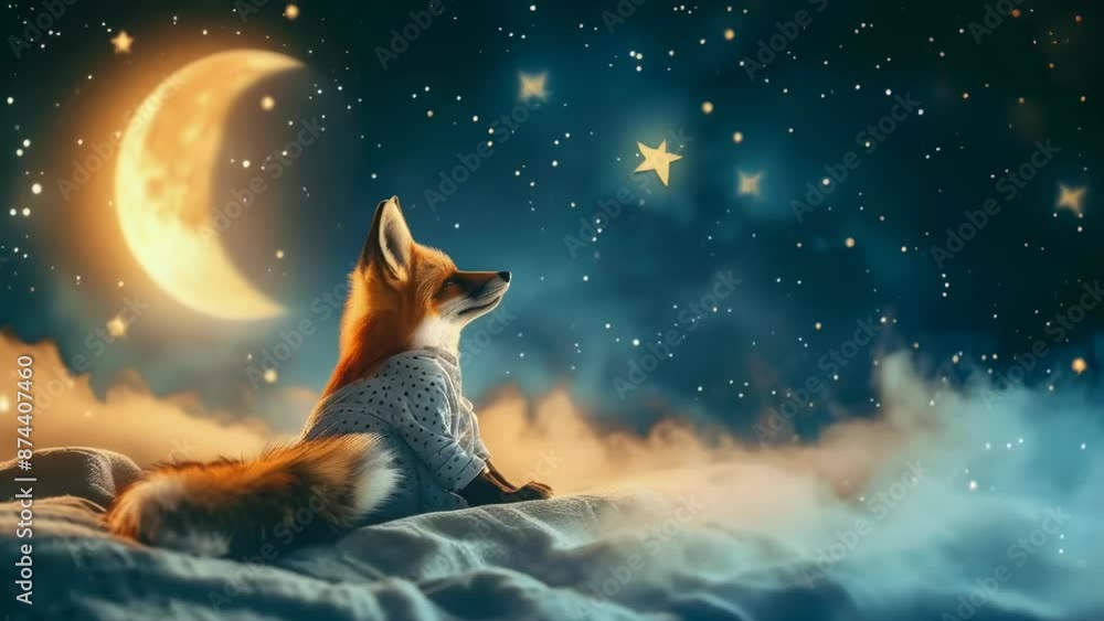 A young fox, dressed in pajamas, looks up dreamily at the starry night ...