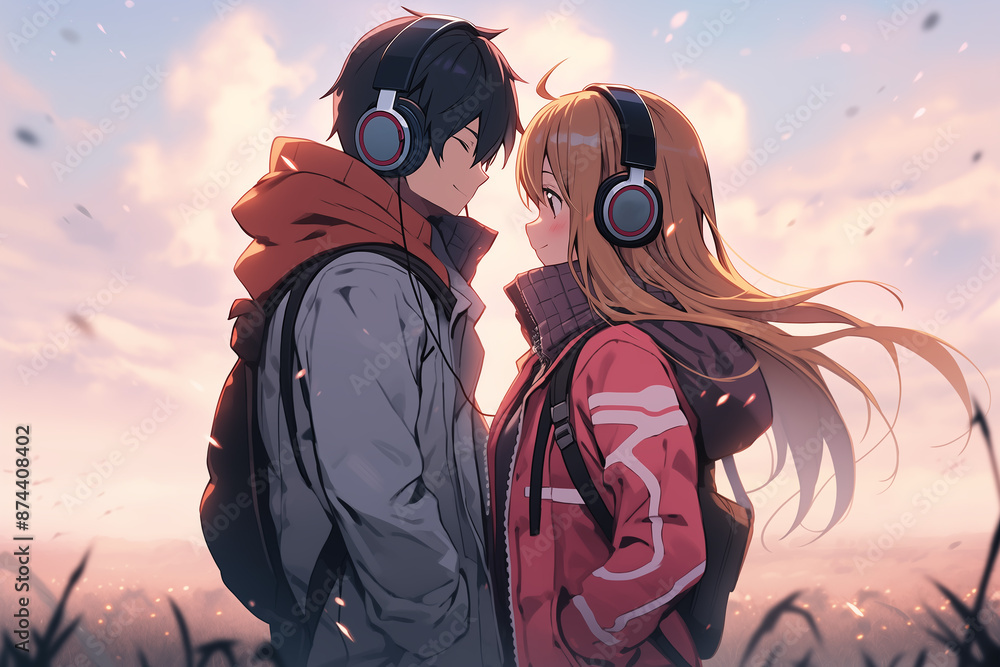 Anime character of couple wearing headphone standing face to face with ...