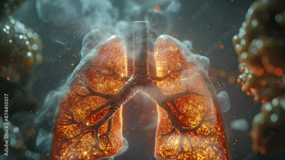This image shows a detailed 3D illustration of human lungs ...