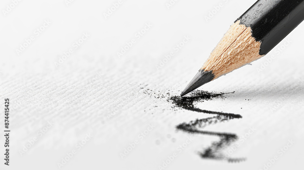 A close-up of a pencil drawing a squiggly line on white paper. The ...