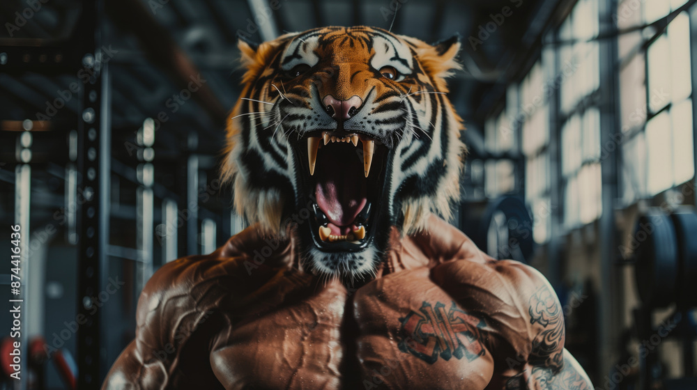 Muscular person with a roaring tiger head in a gym lit with natural ...