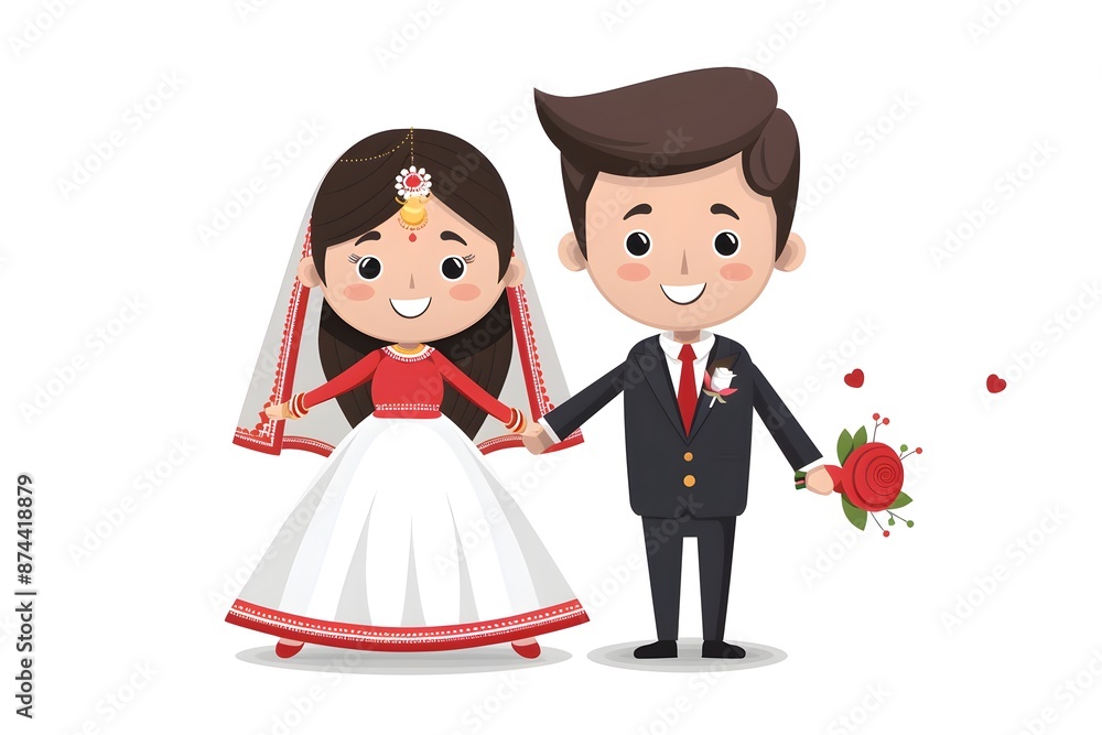 Cartoon bride and groom in traditional wedding attire holding hands ...