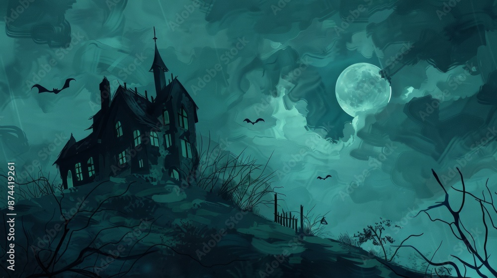 Spooky haunted house on a hill, overgrown garden, bats flying around ...
