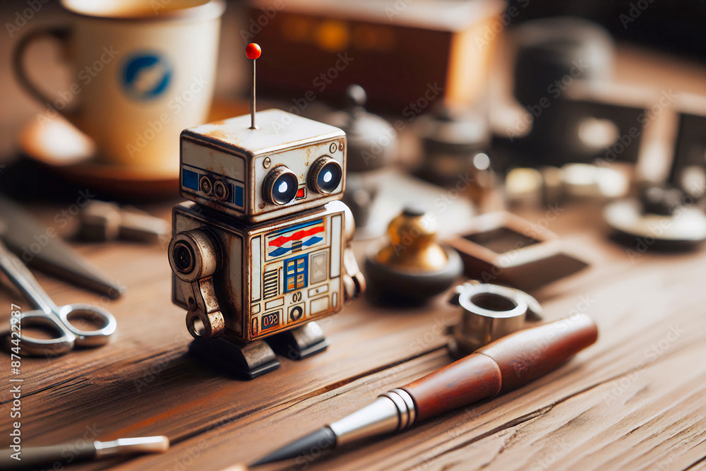 Nostalgic Mini Robot With Rustic Stained Appearance On A Table Under