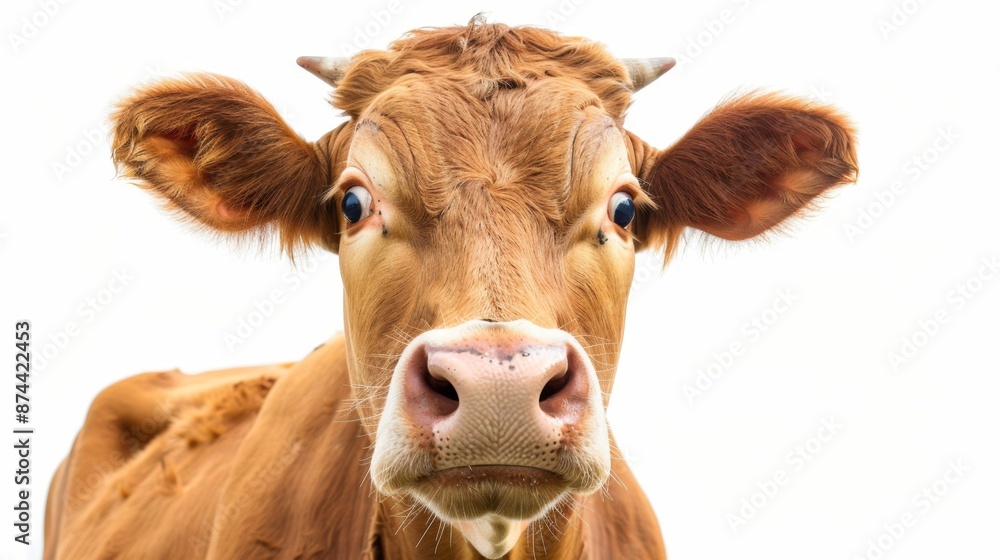 Mooey cow with comical expression and surprised eyes stares at camera ...