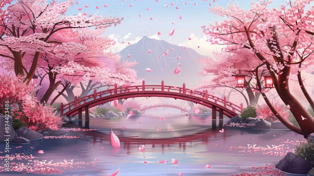 Tranquil riverside with cherry blossom trees in bloom, pink petals ...