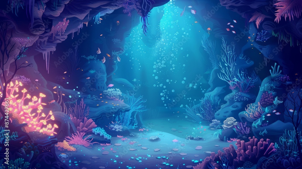 Mystical underwater cave, glowing coral and fish, a sense of wonder and ...
