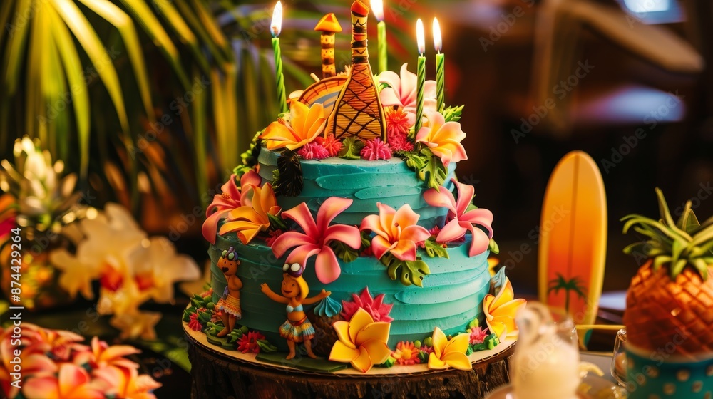 Hawaiian Luau Themed Birthday Cake with Tiki Torches, Hula Dancers, and ...