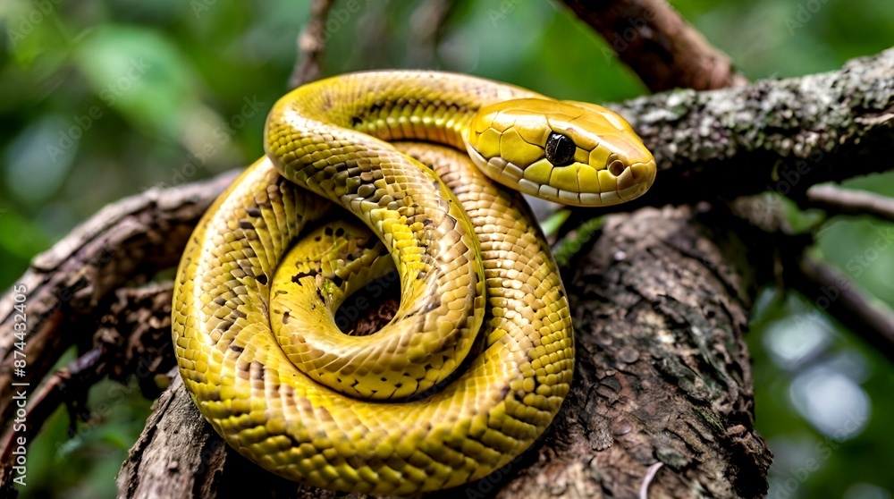 A scary yellow snake in a tree. For those who love snakes Stock Photo ...