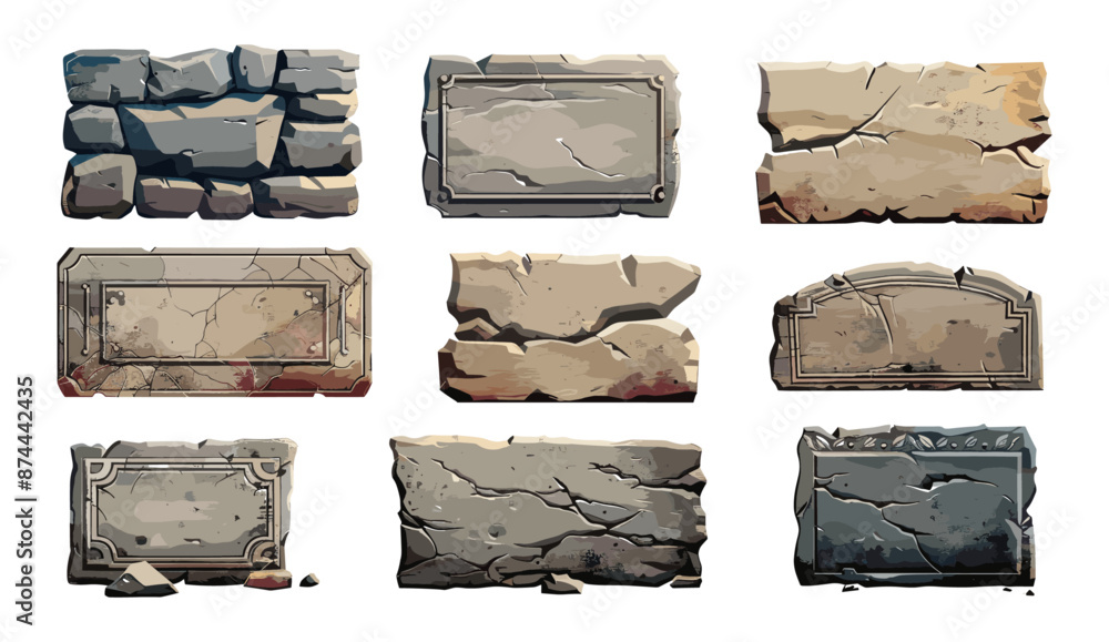 Vector illustration of a set of old stone sign plates, banner elements ...