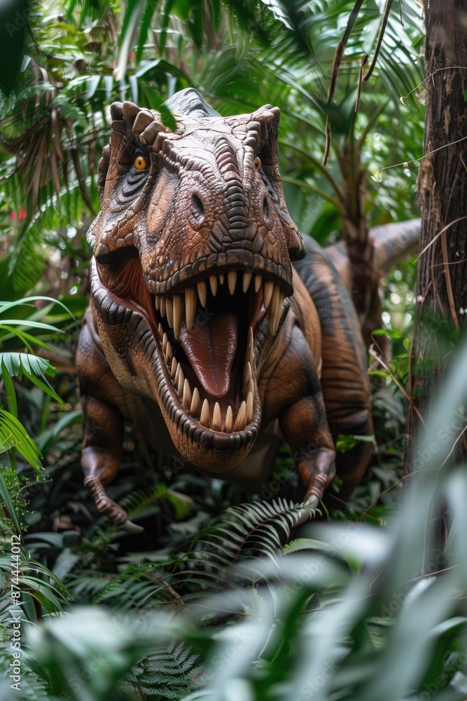 Realistic T-Rexin junglelike setting with mouth open and sharp teeth ...