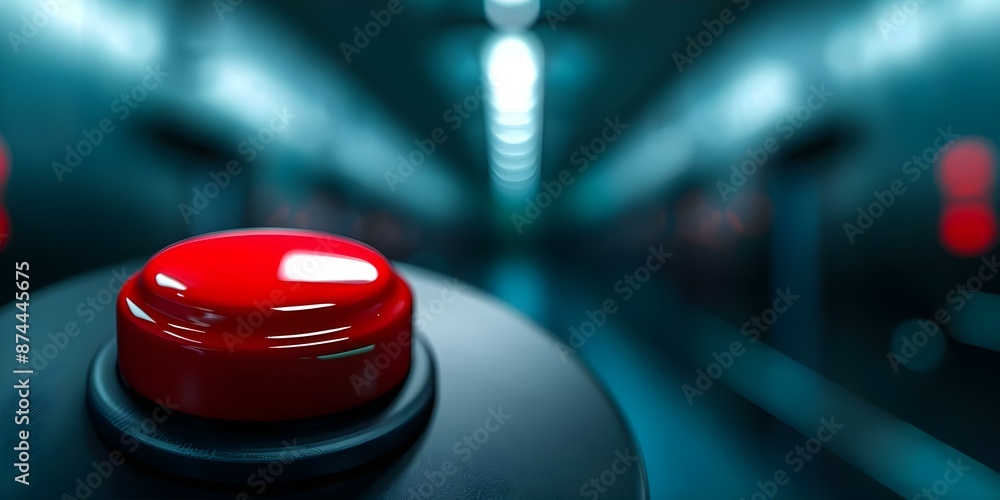 Top view of monochromatic emergency stop button in industrial setting ...