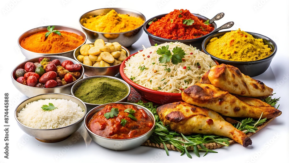 Vibrant assortment of traditional Indian delights including basmati ...