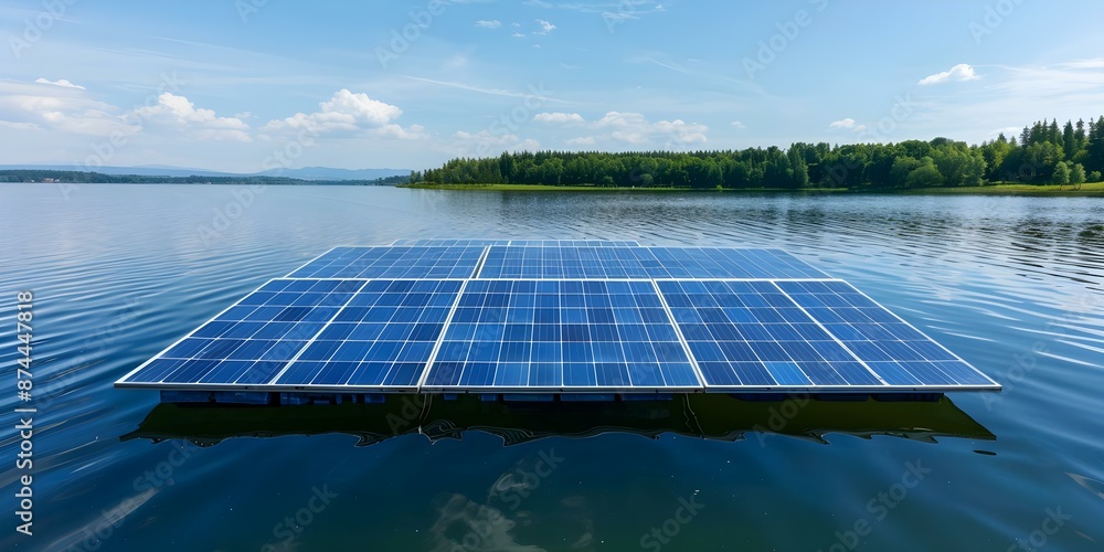 Solar panels floating on a lake in a renewable energy installation. Concept Solar Energy ...