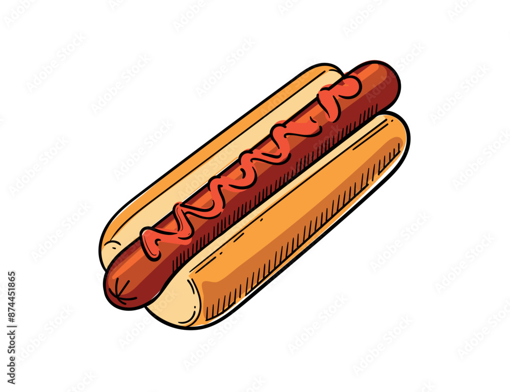 Hand drawn colored hot dog sketch with sausage and sauce vector ...