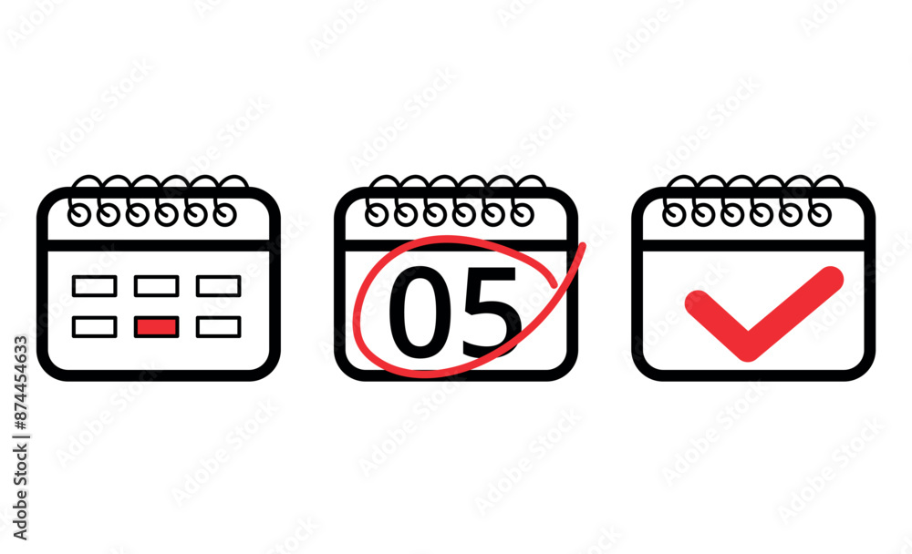 Vector illustration of calendar flat icon with red check mark, calendar ...