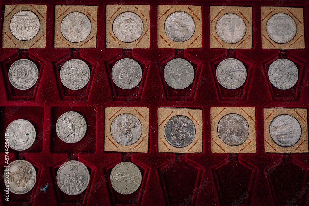limbazi, Latvia, June 29, 2024 - A collection of silver coins displayed ...
