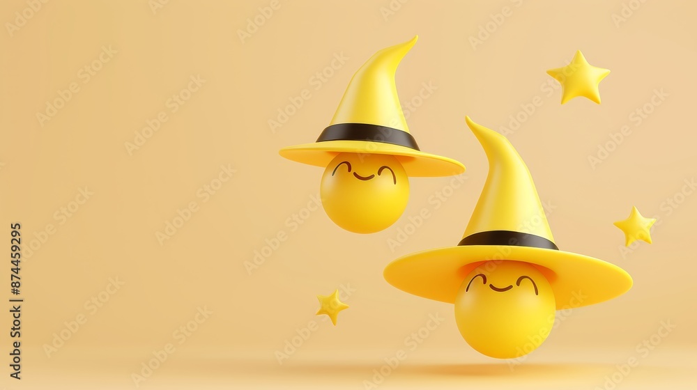 Happy yellow emojis wearing witch hats, floating with stars on a ...